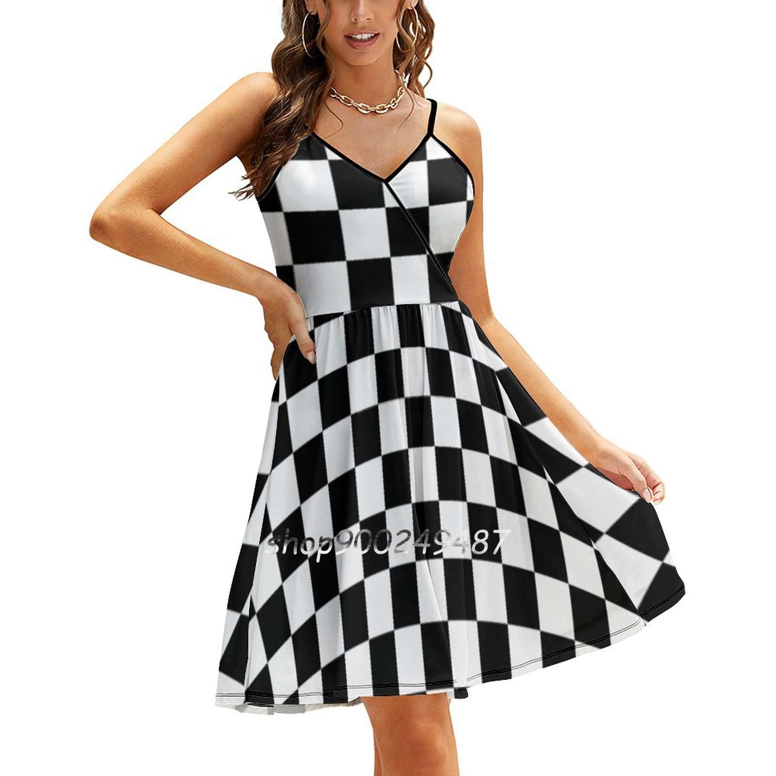 Black Checkerboard Sweetheart Knot Flared Dress Fashion Design Large ...