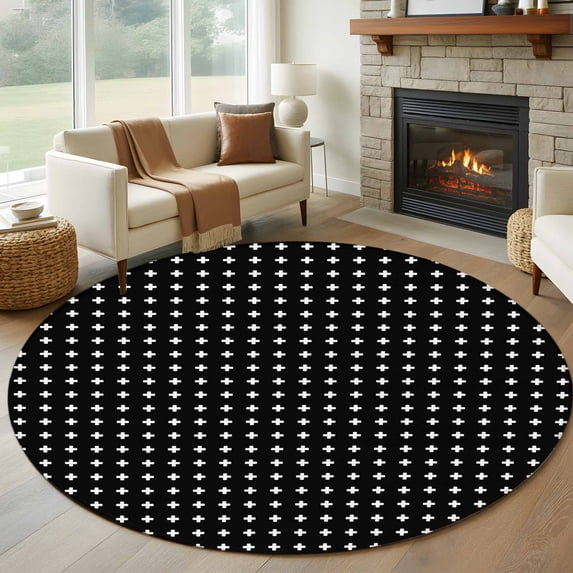 Black Checkered 6FT Round Area Rugs for Living Room Modern Abstract ...