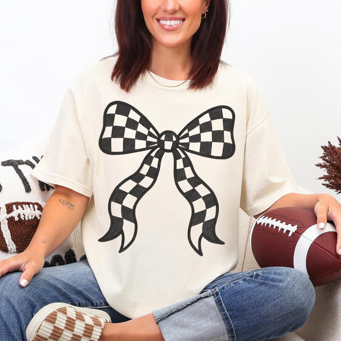 Black Checkered Bow, Black Game Day Shirt Design, Checkered School ...