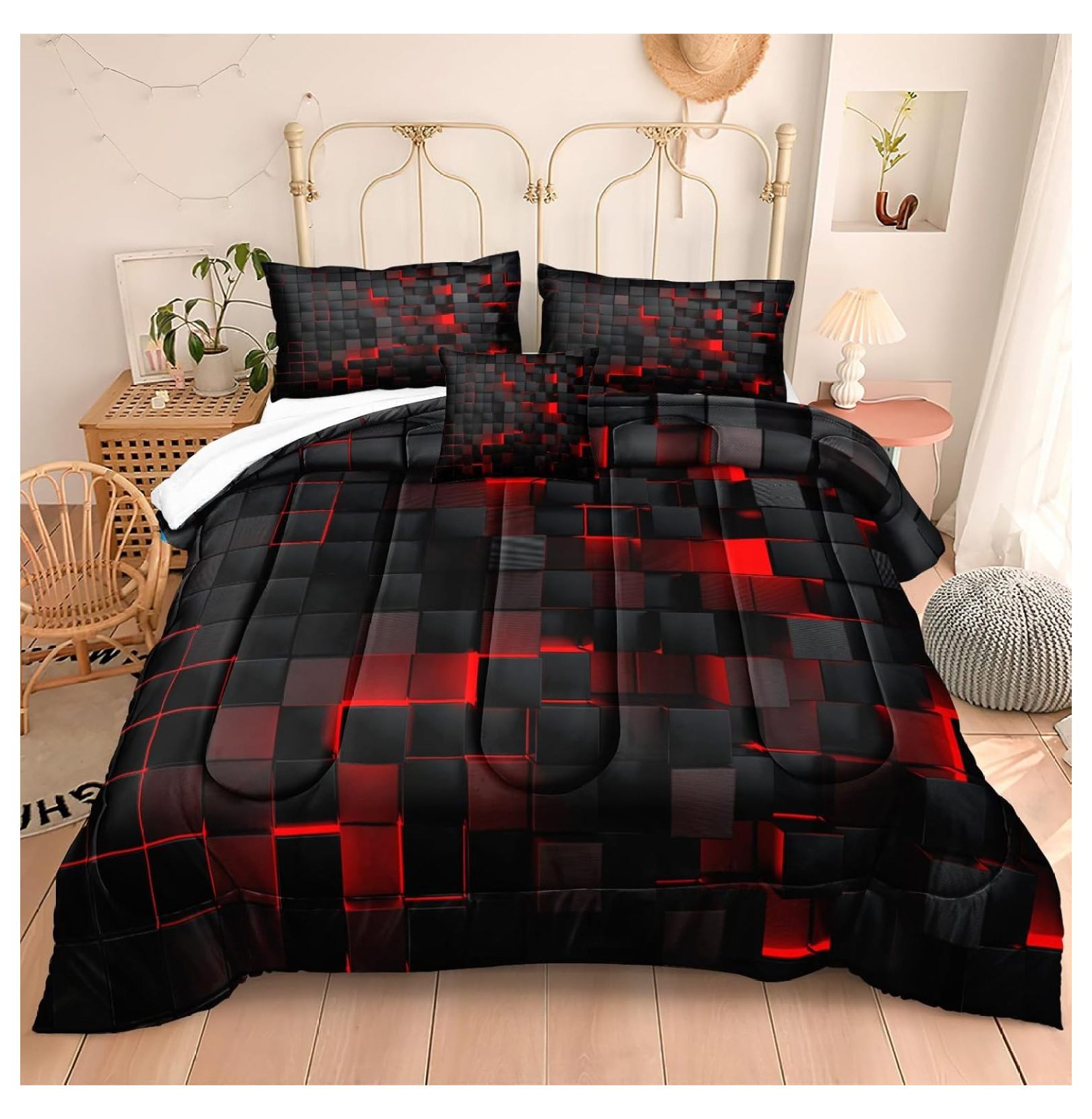 Black Checkered Comforter Set Queen Size Plaid Bedding 4 Pcs ...