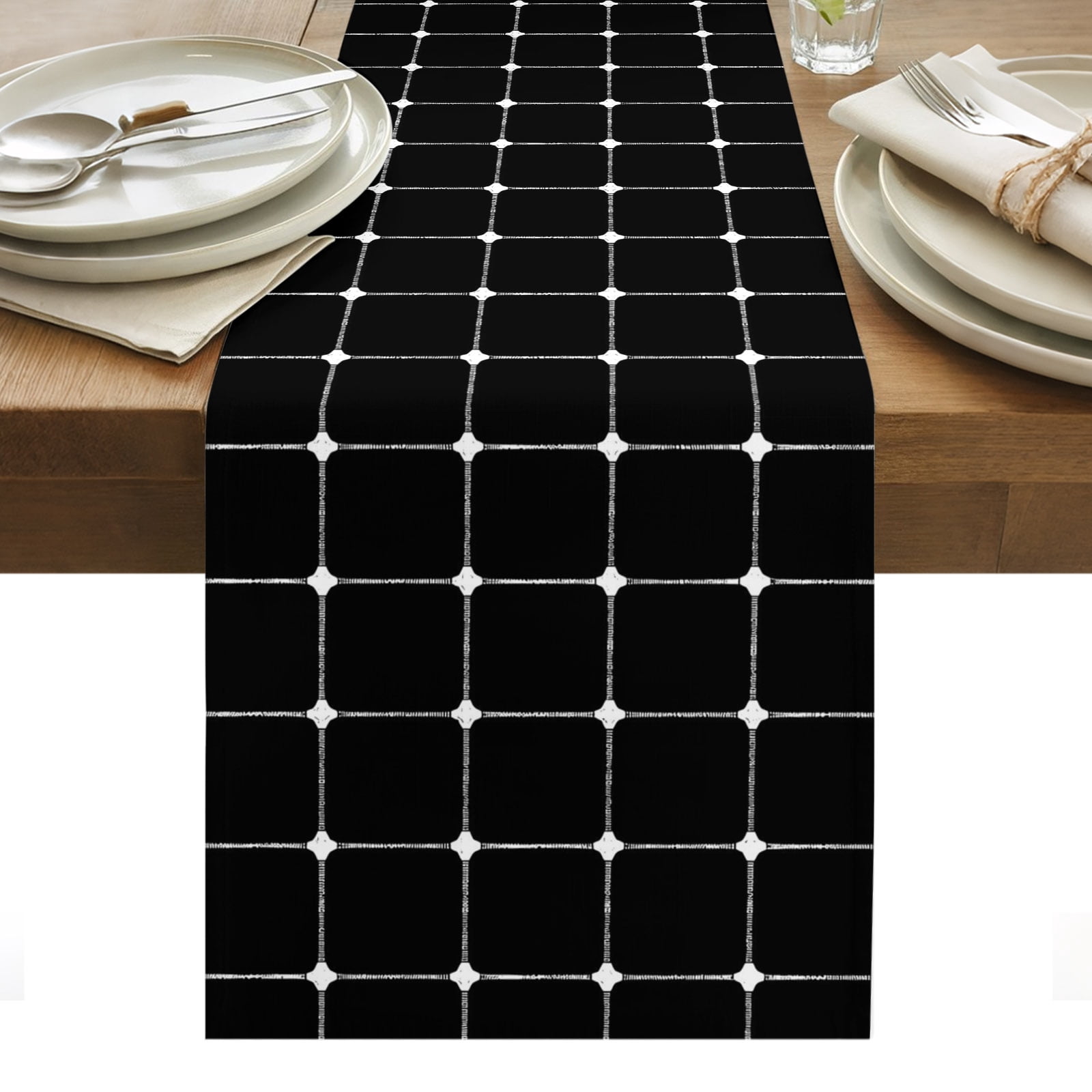 Black Checkered Cotton Linen Table Runner Modern Minimalist Geometric ...