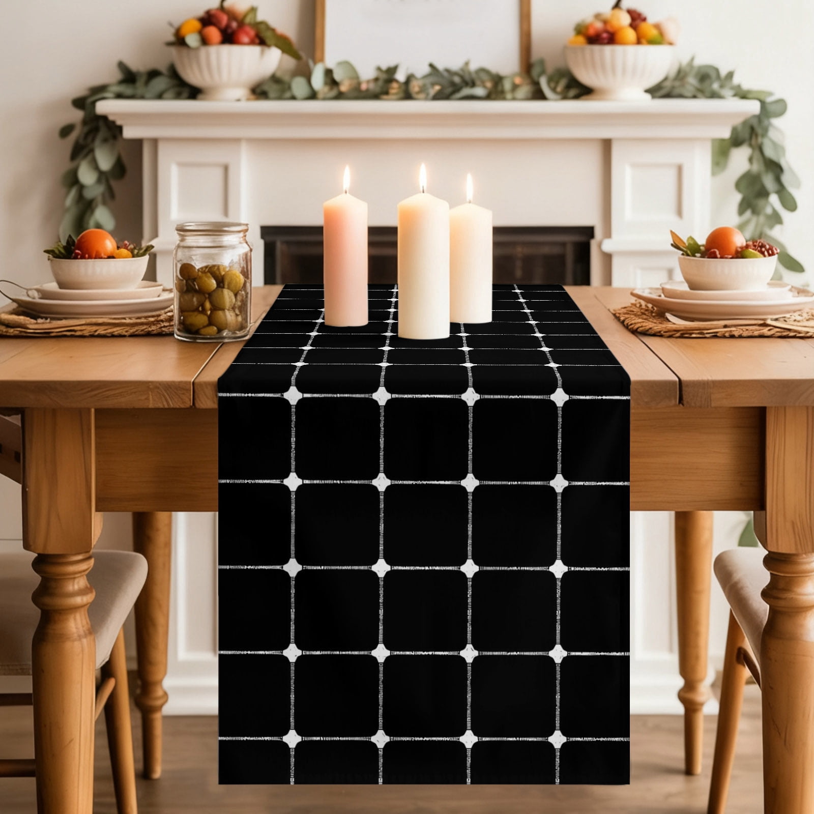 Black Checkered Dining Table Runner, Modern Minimalist Geometric Grid ...