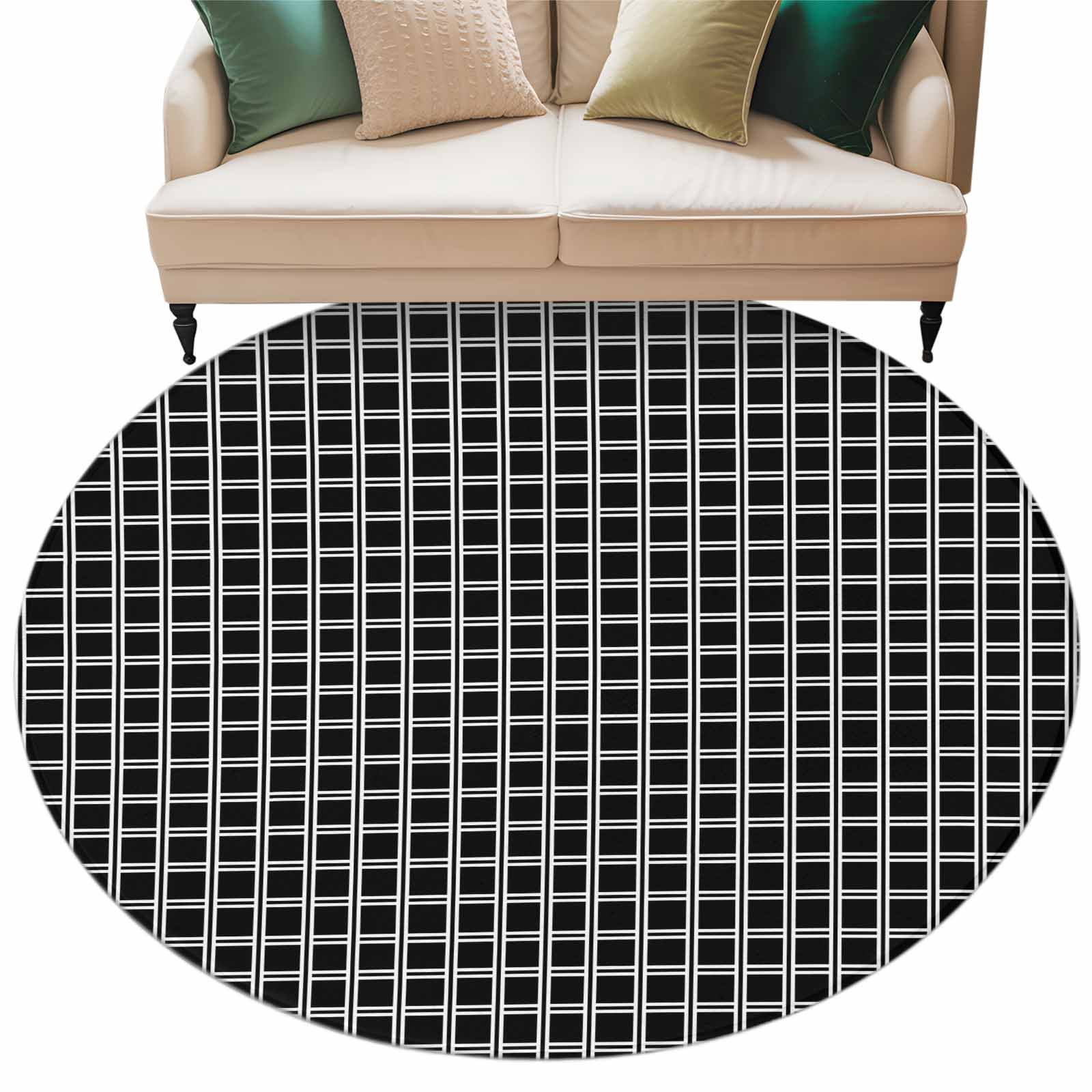 Black Checkered Round Rug 8ft Washable Circle Rugs Non Slip Farmhouse ...