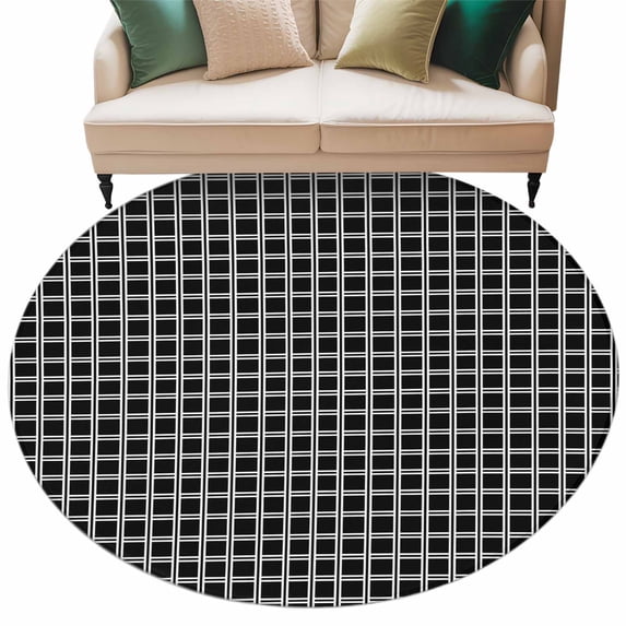 Black Checkered Round Rug 8ft Washable Circle Rugs Non Slip Farmhouse ...