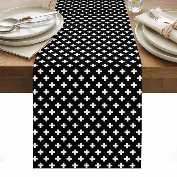 Black Checkered Table Runner, Country Abstract Geometric Diagonal Plaid ...