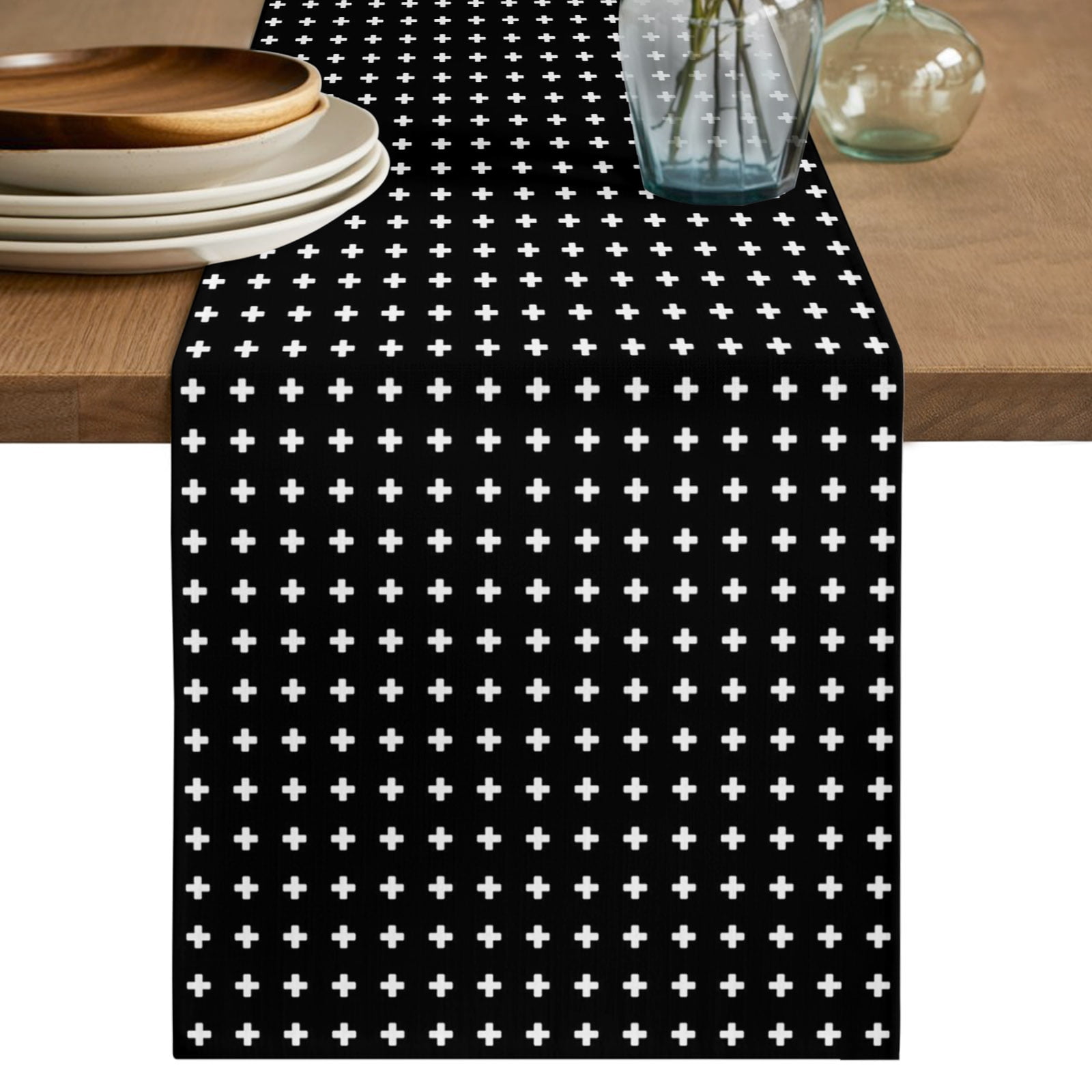 Black Checkered Table Runner, Modern Abstract Geometric Diagonal Plaid ...