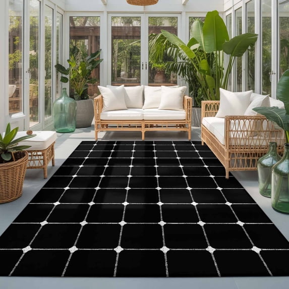 Black Checkered Washable Living Room Rugs 5'x7', Modern Minimalist ...