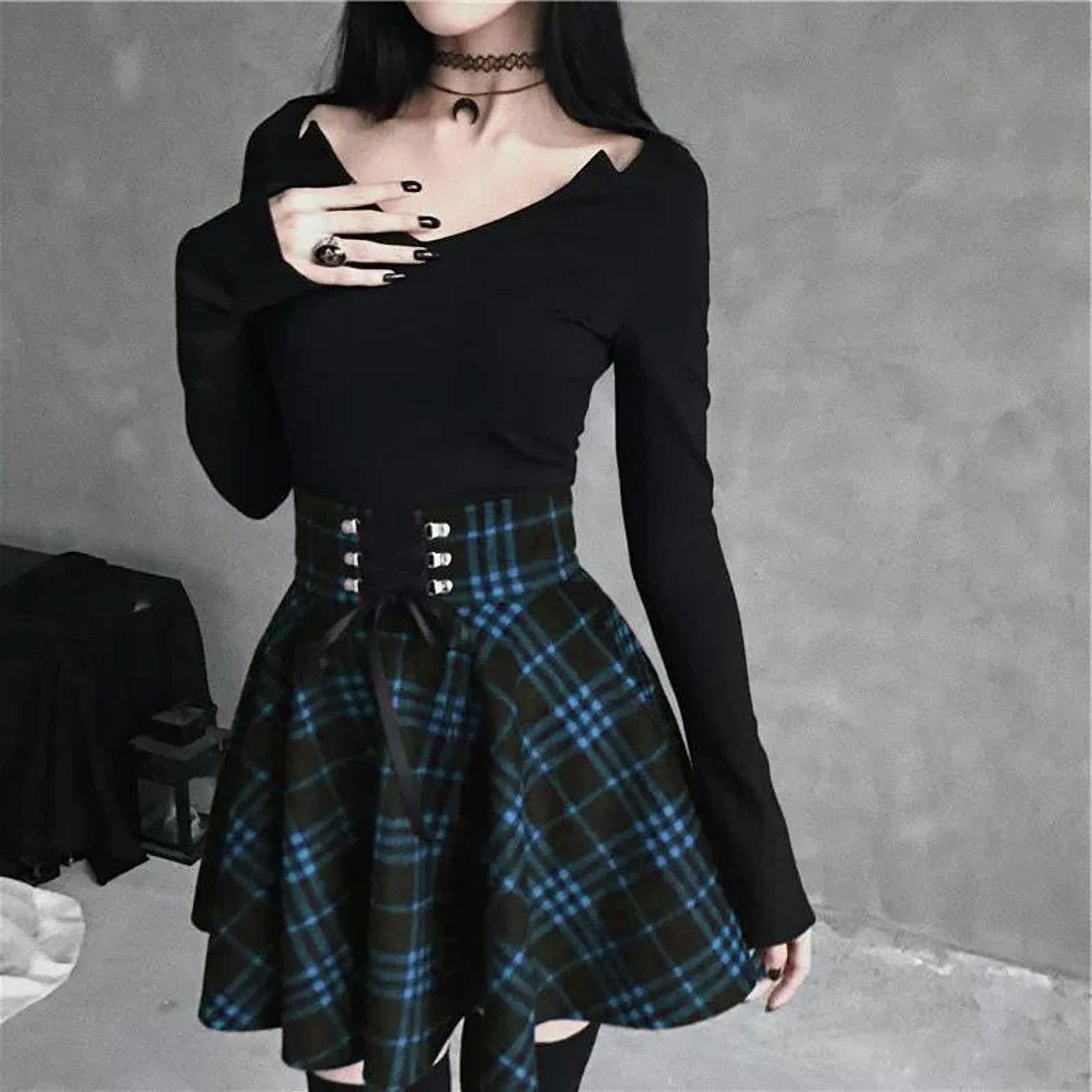 Black Checkered Women's Gothic Skirt Women Pleated Plaid Skirts Spring ...