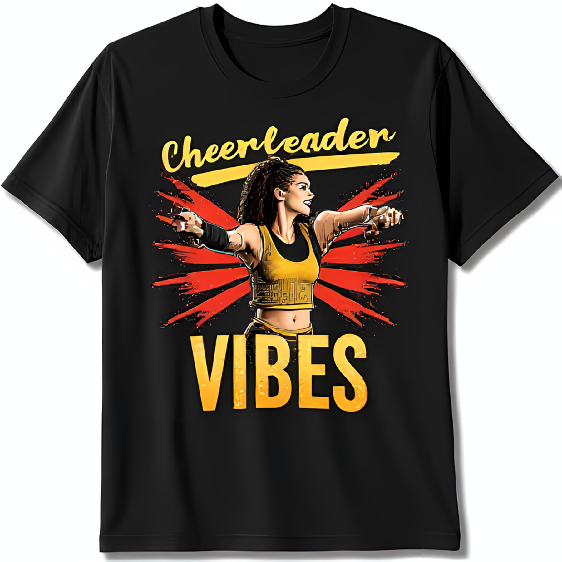 Black Cheerleader Vibes T-Shirt with Graphic Design & Bold Colors ...