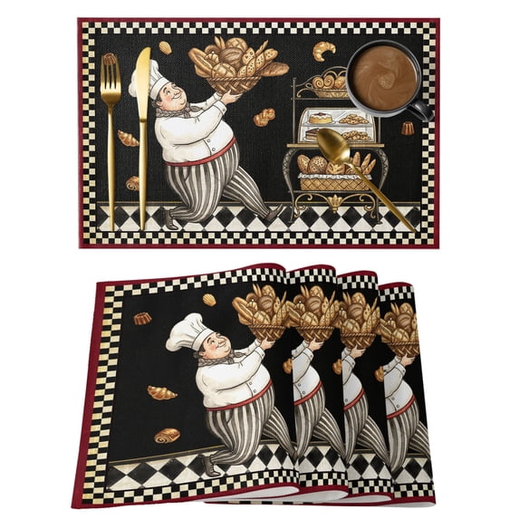 Black Chef Placemats Set of 12 Kitchen Cooking Baking Black White Plaid ...