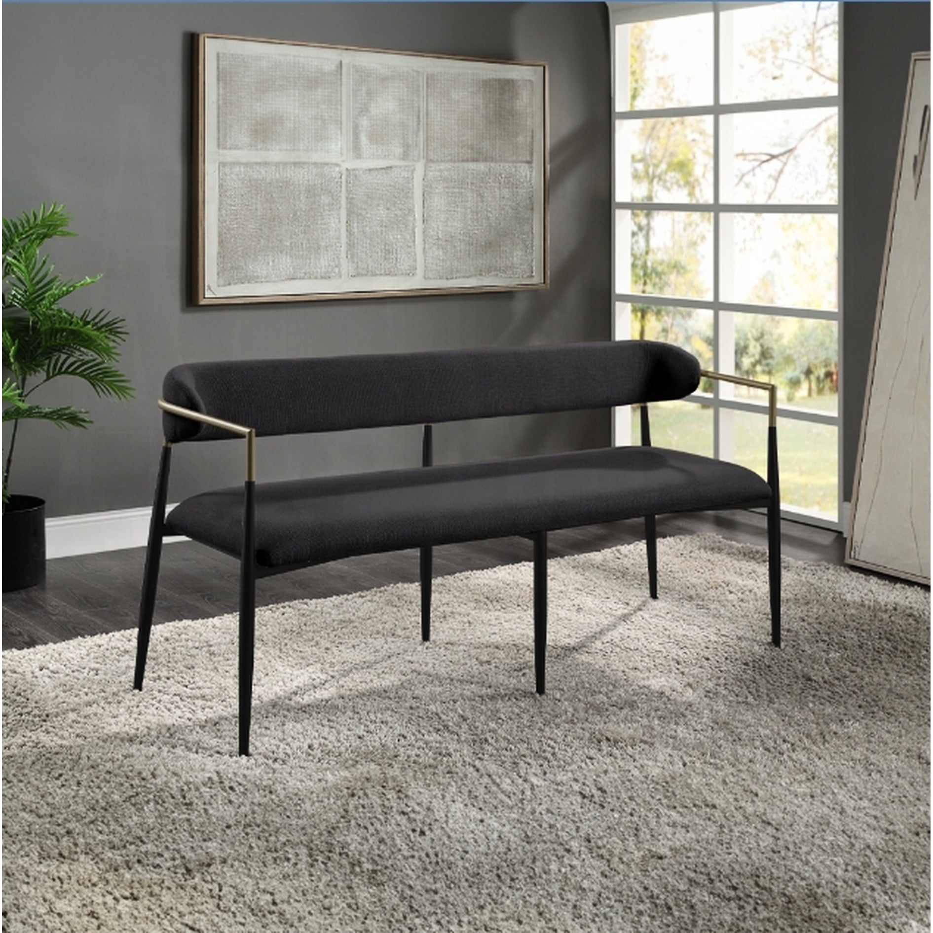 Black Chenille Finish Bench - Foam Padded Seat And Back Cushion For ...