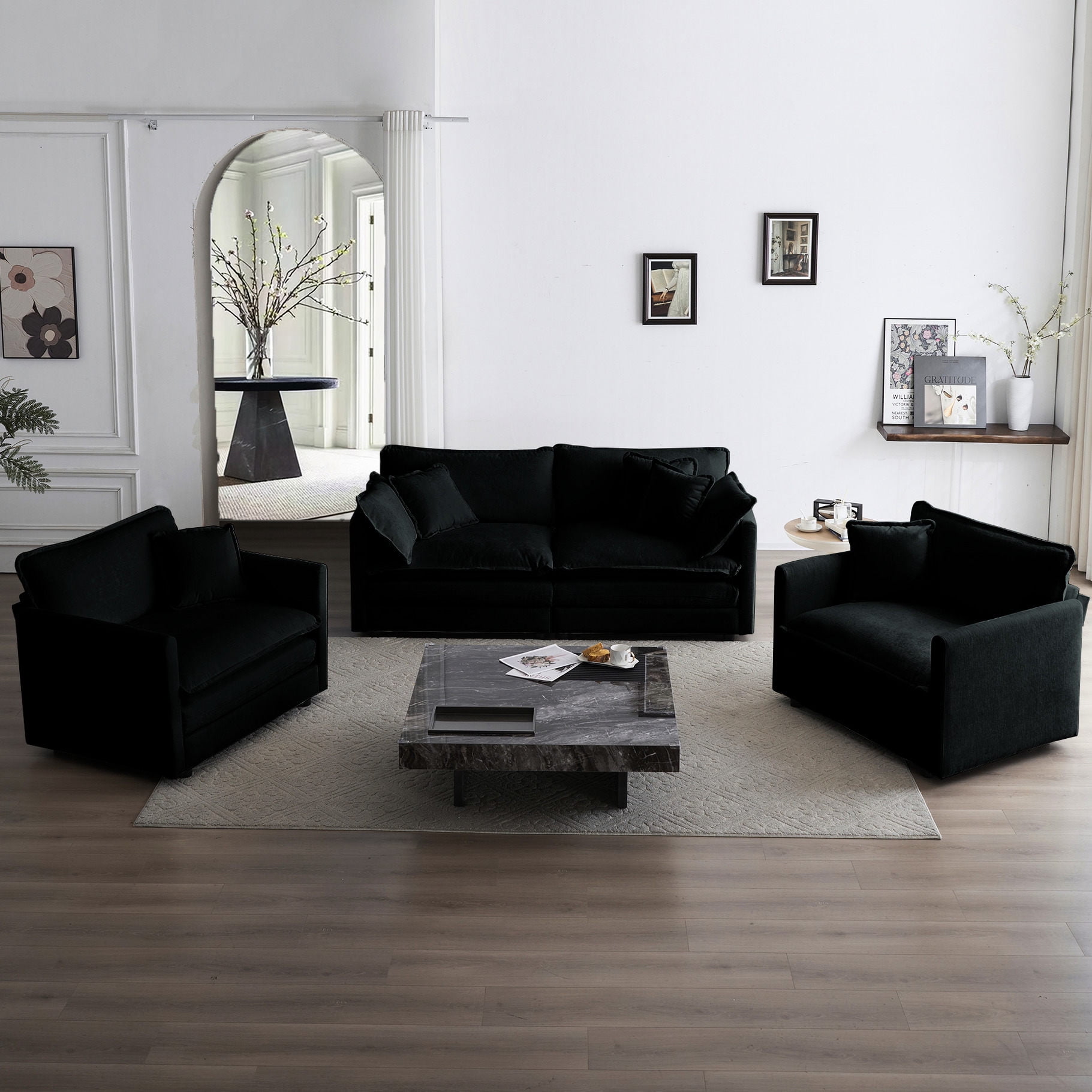 Black Chenille Sofa Set with Relaxing Seats / Comfortable Seating for ...
