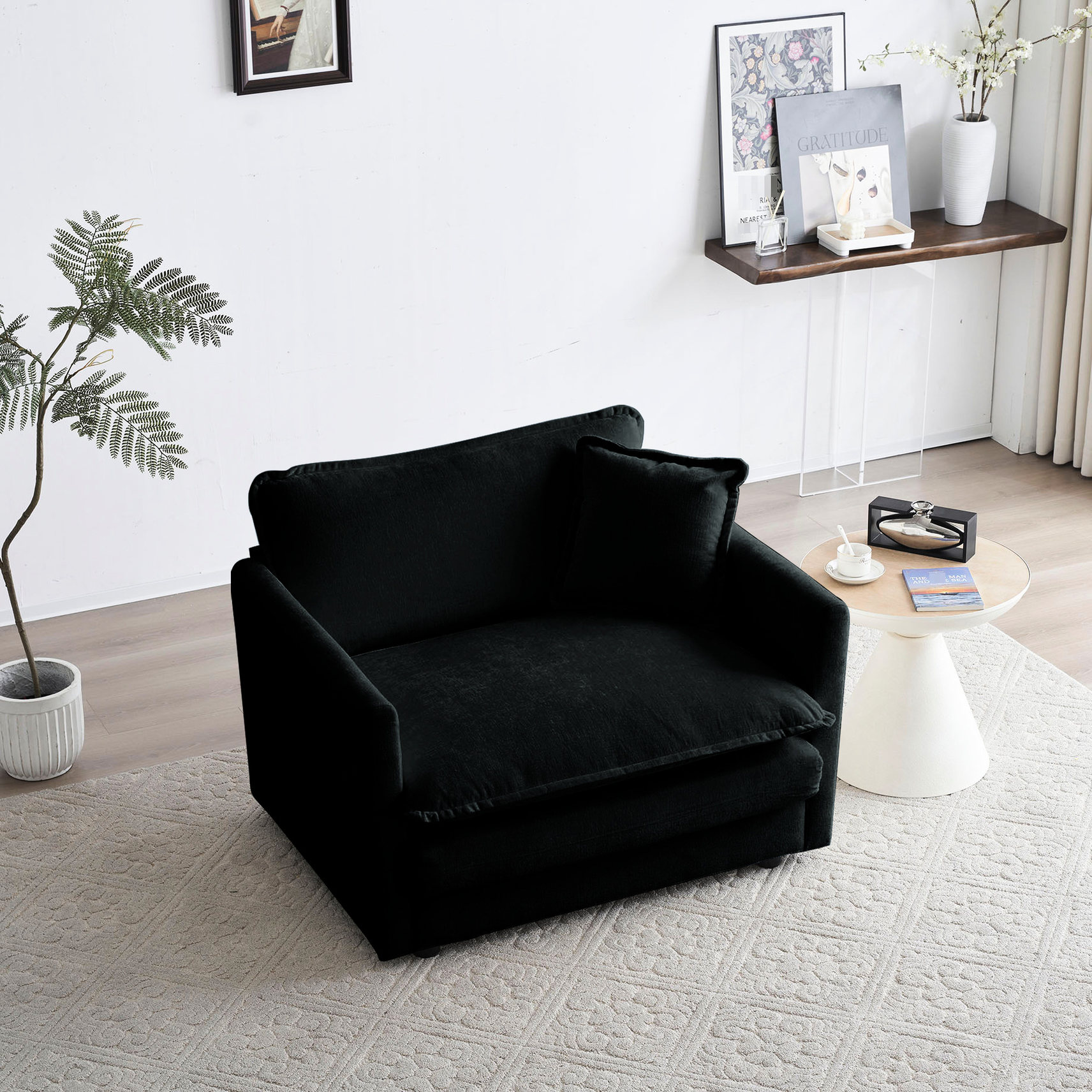 Black Chenille upholstered reading armchair / Supports body shape and ...
