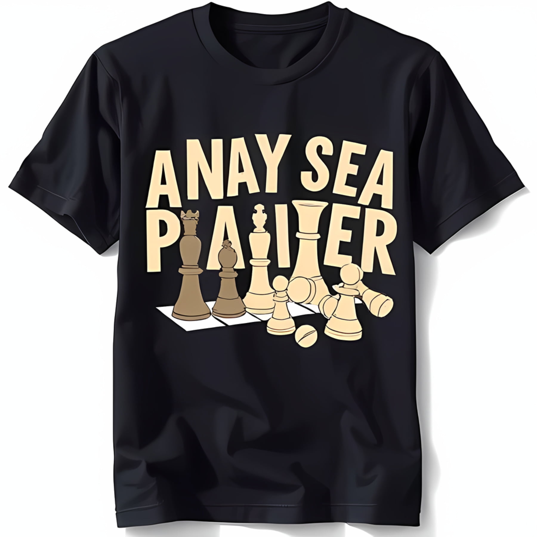 Black Chess Motif T-Shirt with 'Anay Sea Player' Text & Chess Pieces ...