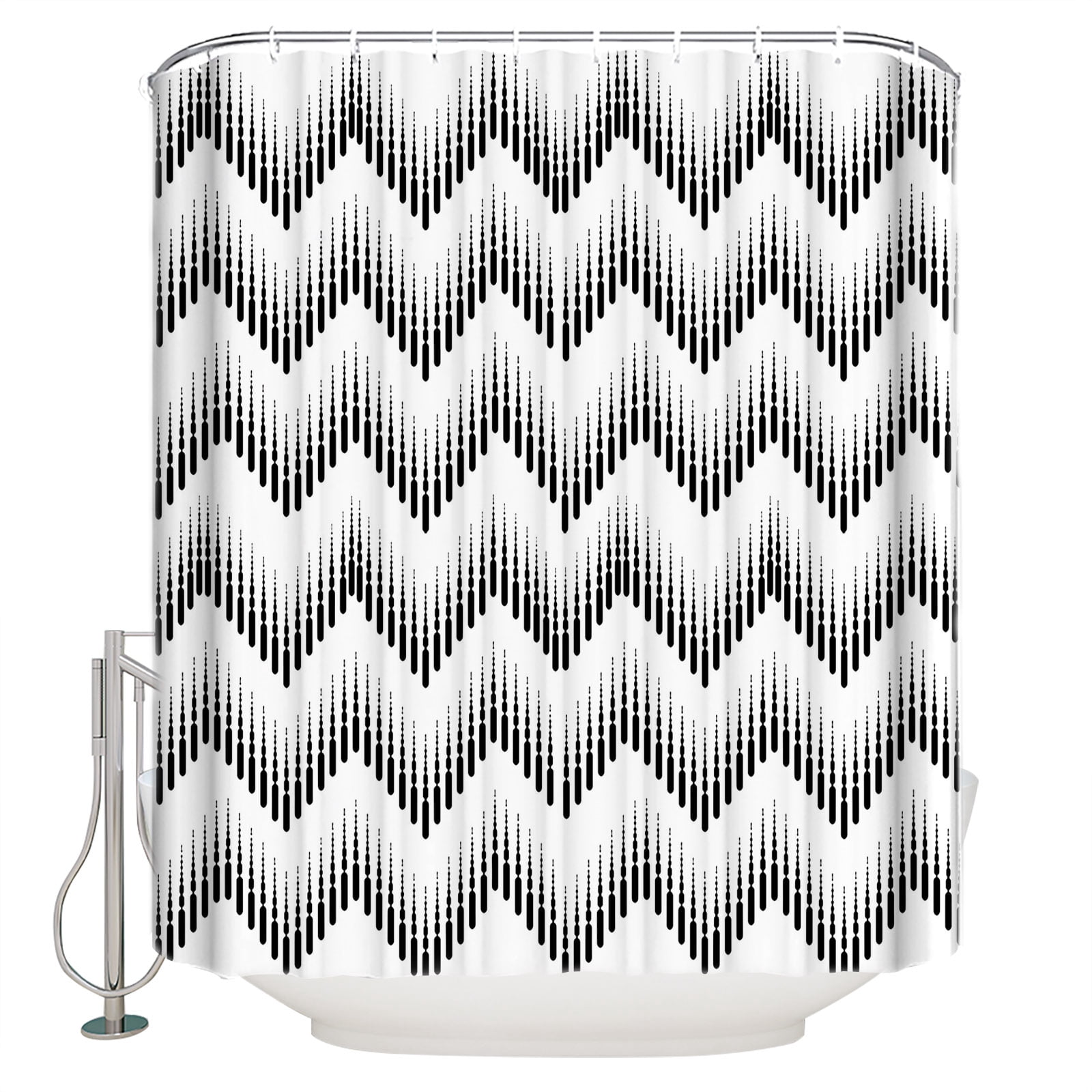 Black Chevron Waves Bathroom Shower Curtains with 12 Hooks Polyester ...
