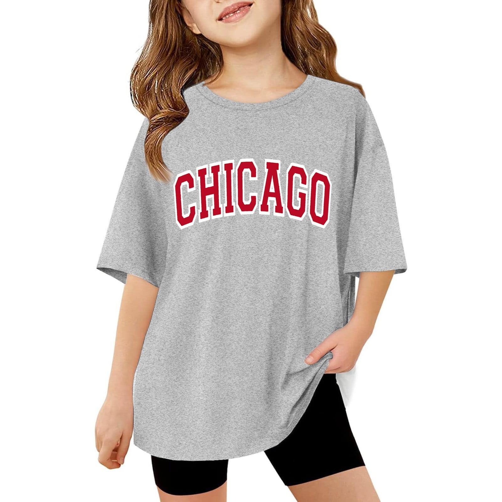 Black Chicago Letter Print Oversized Short Sleeve T-Shirt for Children ...