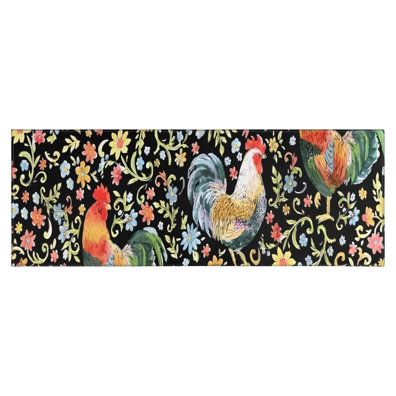 Black Chicken Rooster Flower Pattern Kitchen Rug Mat,Kitchen Runner ...