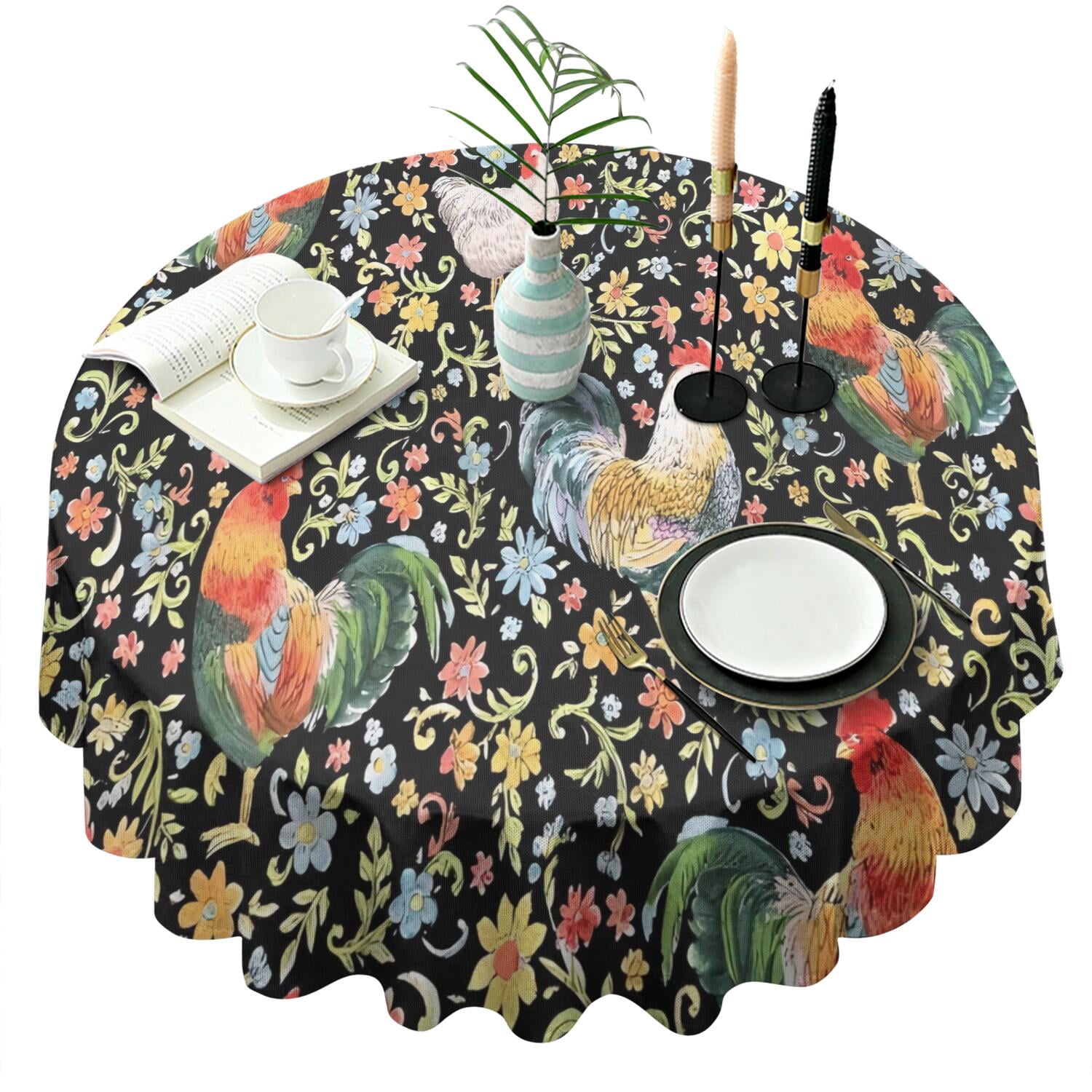 Black Chicken Rooster Flower Pattern Round Tablecloth 60"x60",Wrinkle ...