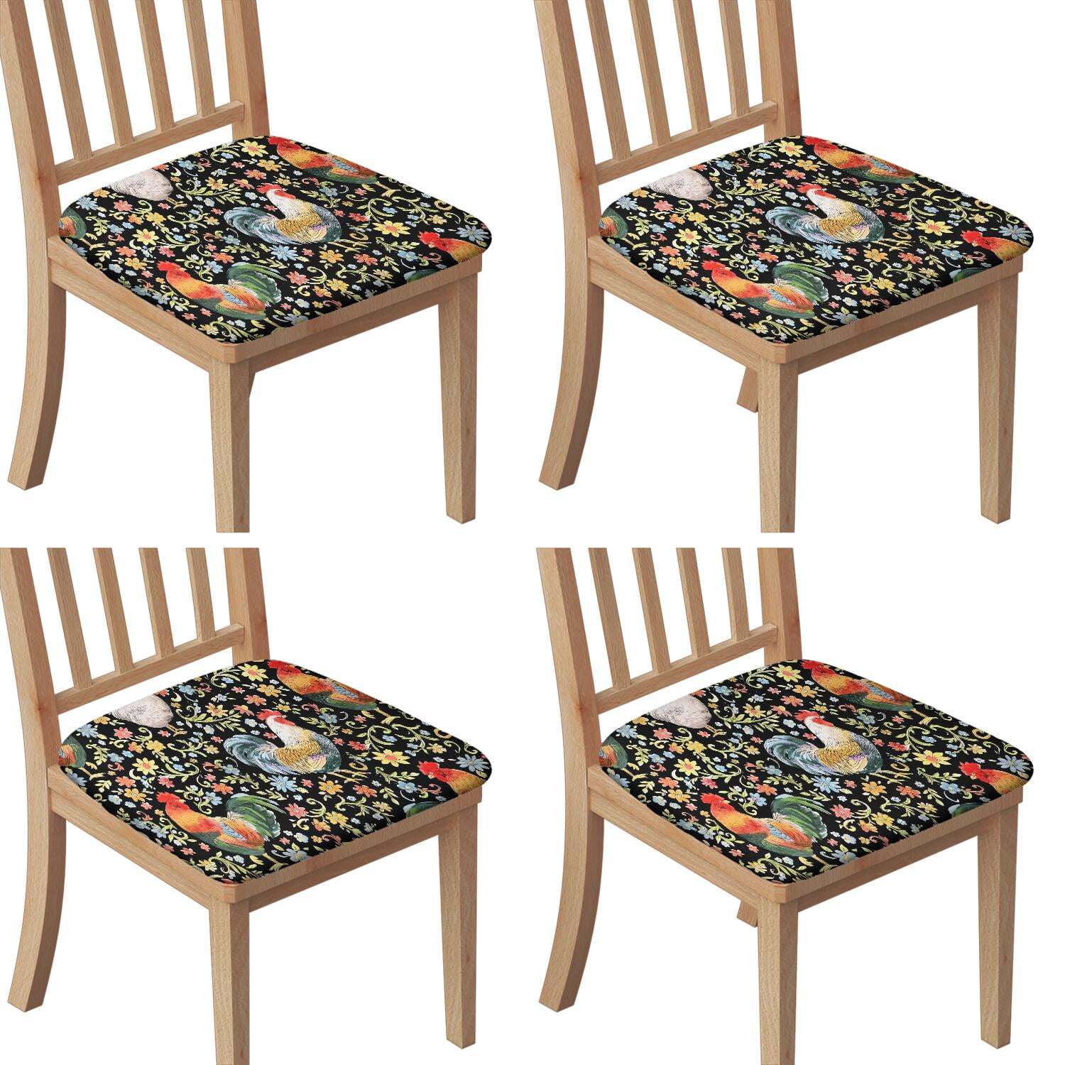 Black Chicken Rooster Flower Pattern Seat Covers for Dining Room Chairs ...