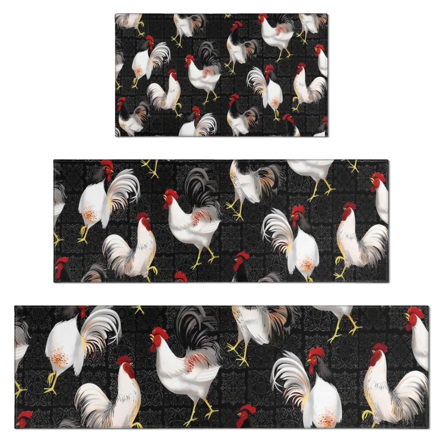 Black Chicken Rooster Pattern Kitchen Rugs Sets Of 3,Kitchen Runner ...