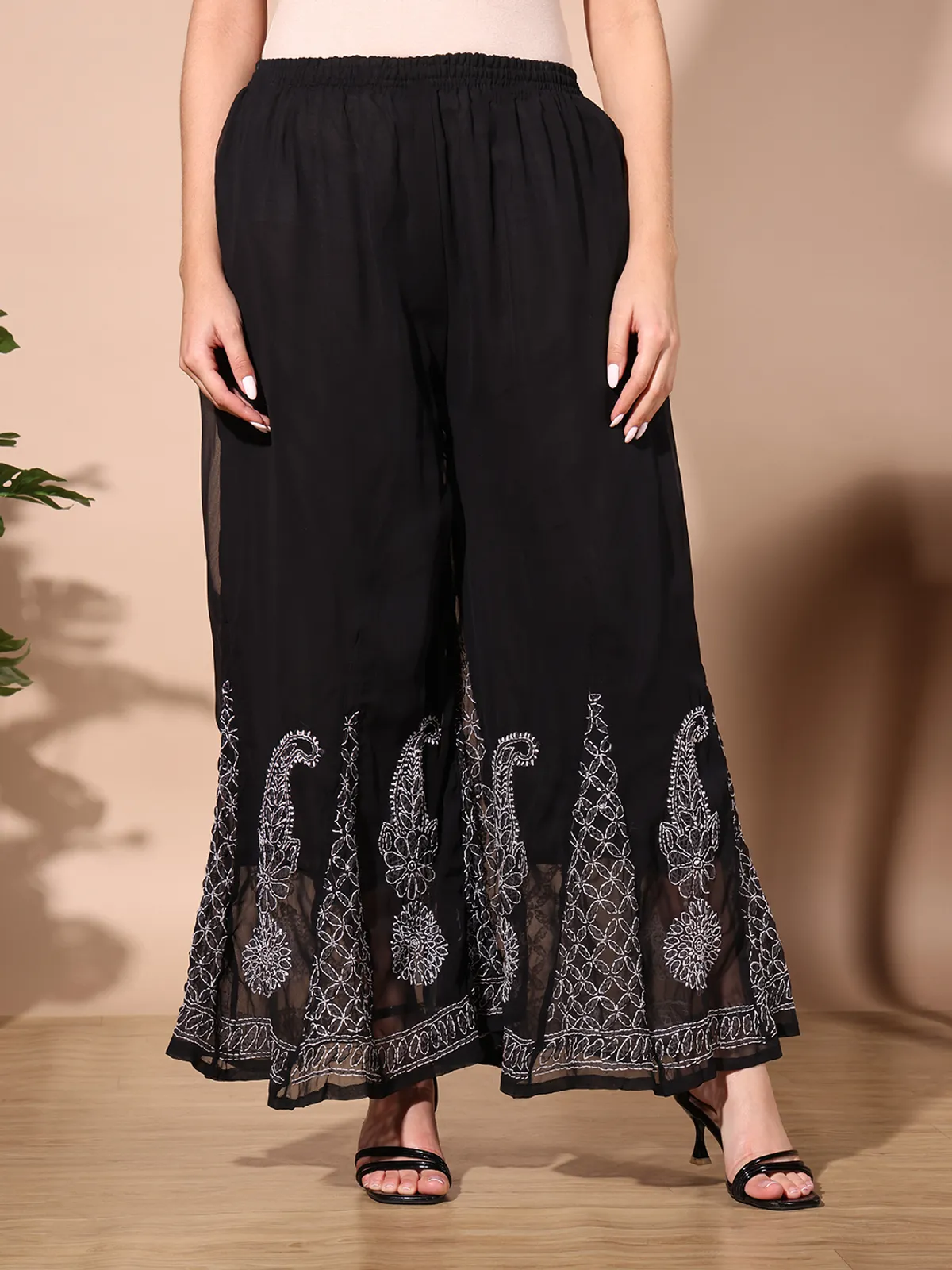 Black Chiffon White Thread Work High Rise Handcrafted Lucknowi ...