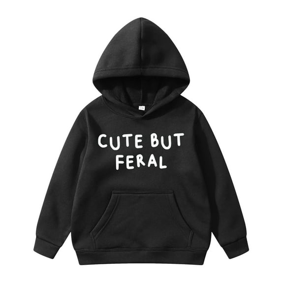 Black Children's Comfy Hooded Pullover with "Cute But Feral" English ...