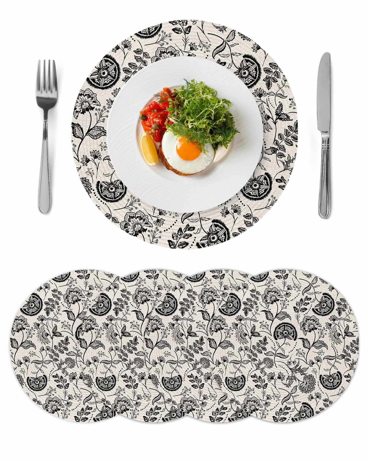 Black Chinoiserie Floral Round Table Placemats set of 4, Vintage ...