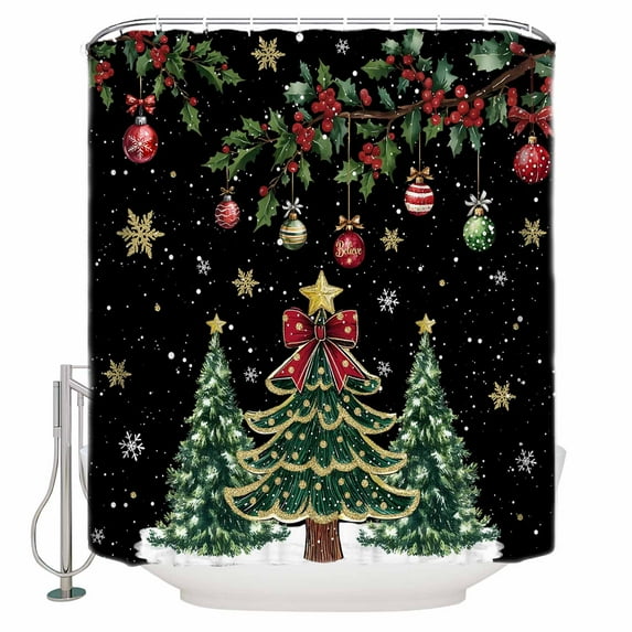 Black Christmas Bathroom Shower Curtains with 12 Hooks Polyester ...