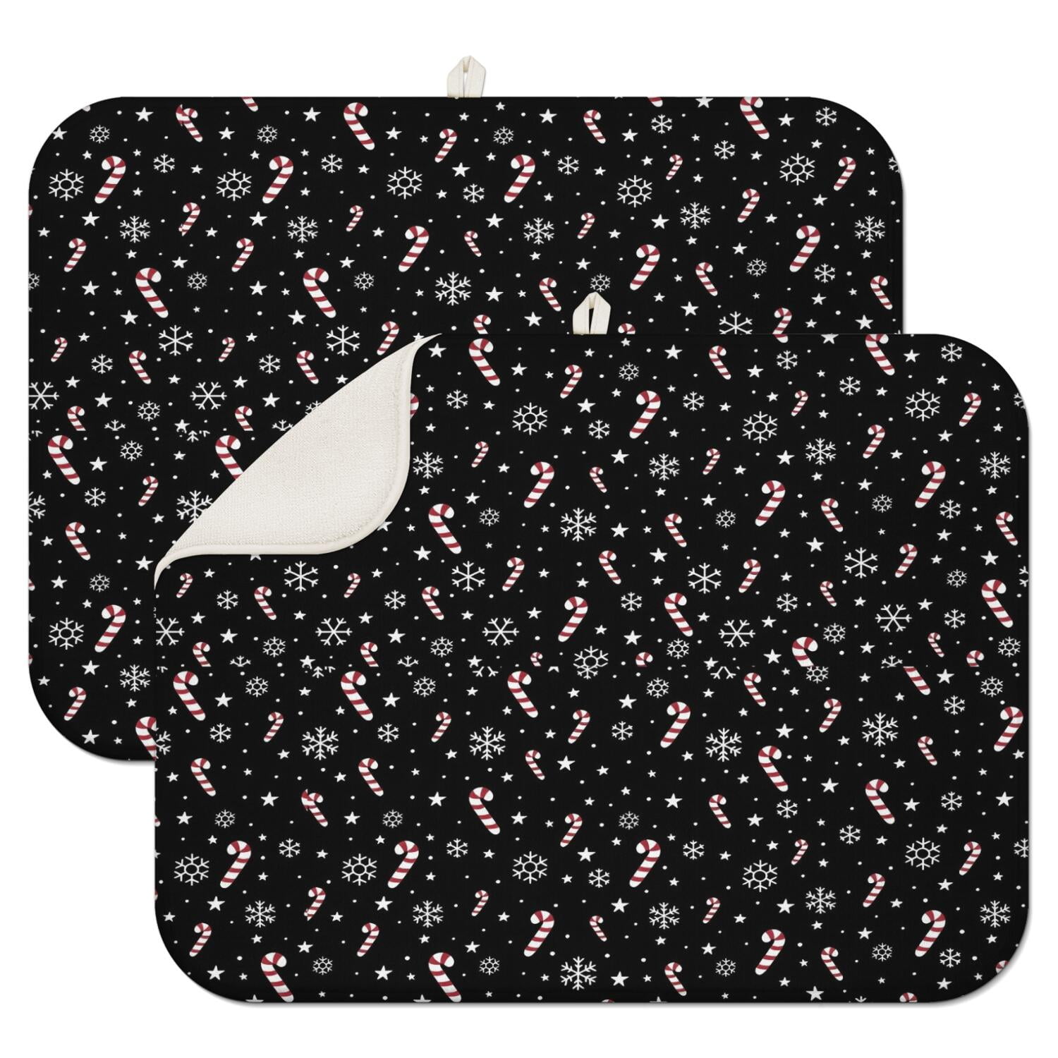 Black Christmas Candy Cane and Snowflake Pattern Dish Drying Mat for ...