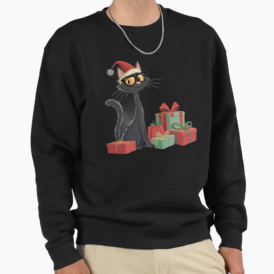 Black Christmas Cat With Gifts St. Nick Hat Graphic Unisex Sweatshirt ...