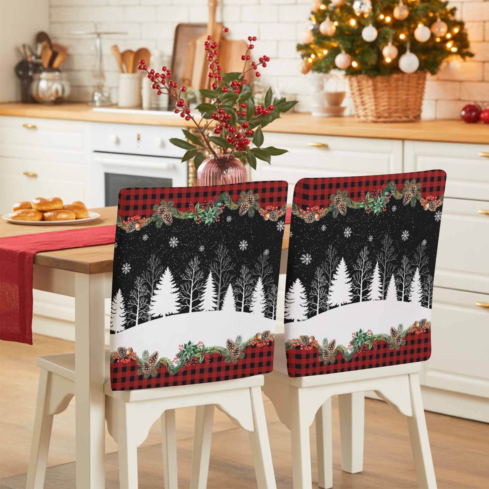 Black Christmas Chair Covers Set of 1 Winter Snowflakes Tree Xmas ...