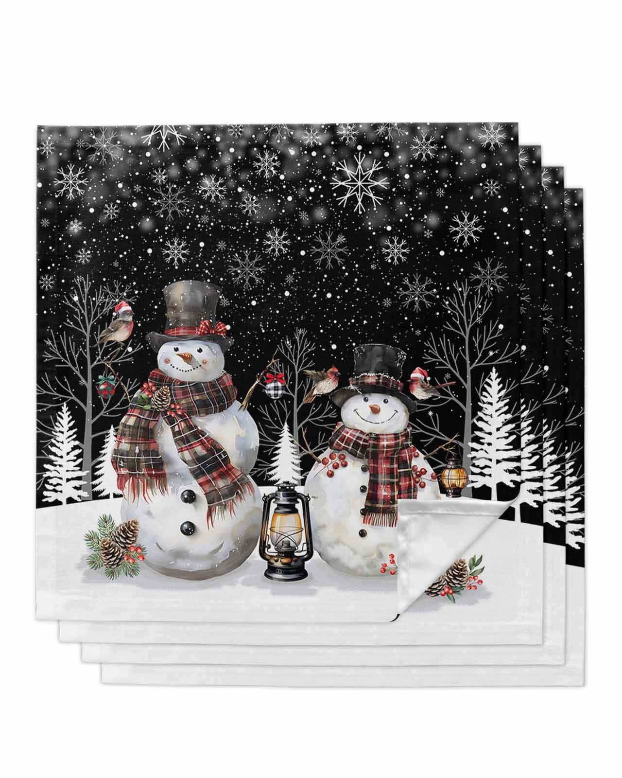 Black Christmas Cloth Napkins Set of 4 Reusable Dinner Napkins, Snowman ...
