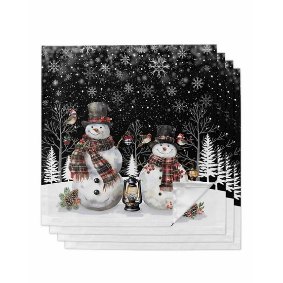 Black Christmas Cloth Napkins Set of 4 Reusable Dinner Napkins, Snowman ...