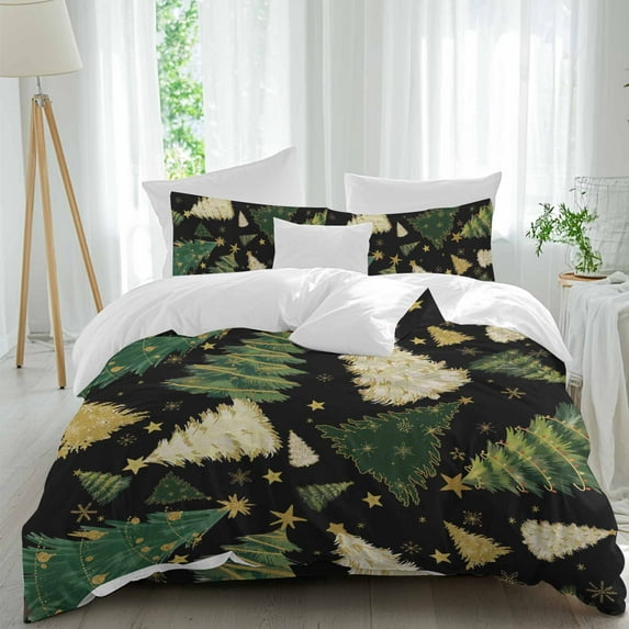 Black Christmas Comforter Set Full Size, Green Xmas Tree Star Winter ...