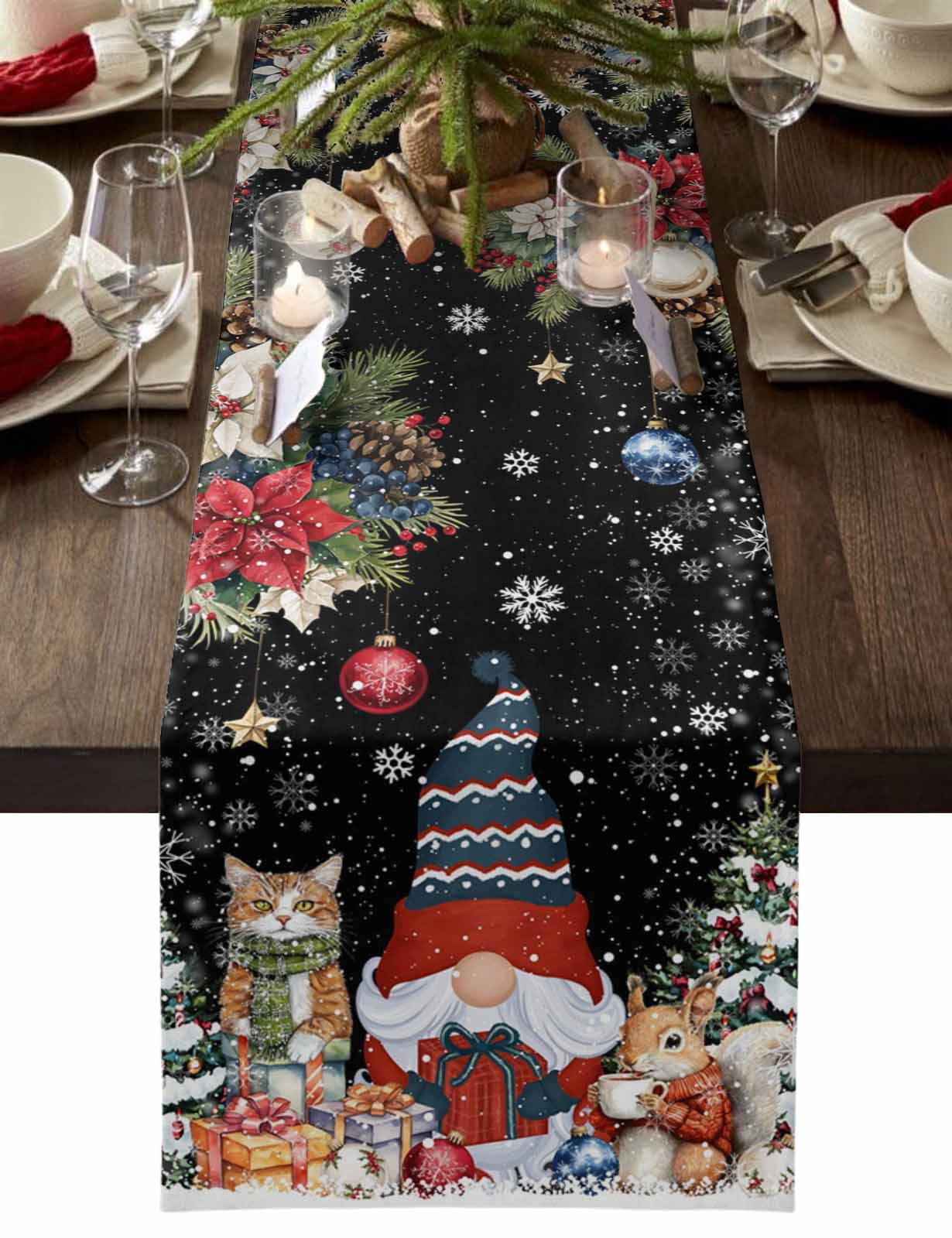 Black Christmas Cotton Linen Table Runner for Dining Kitchen, Gnomes ...