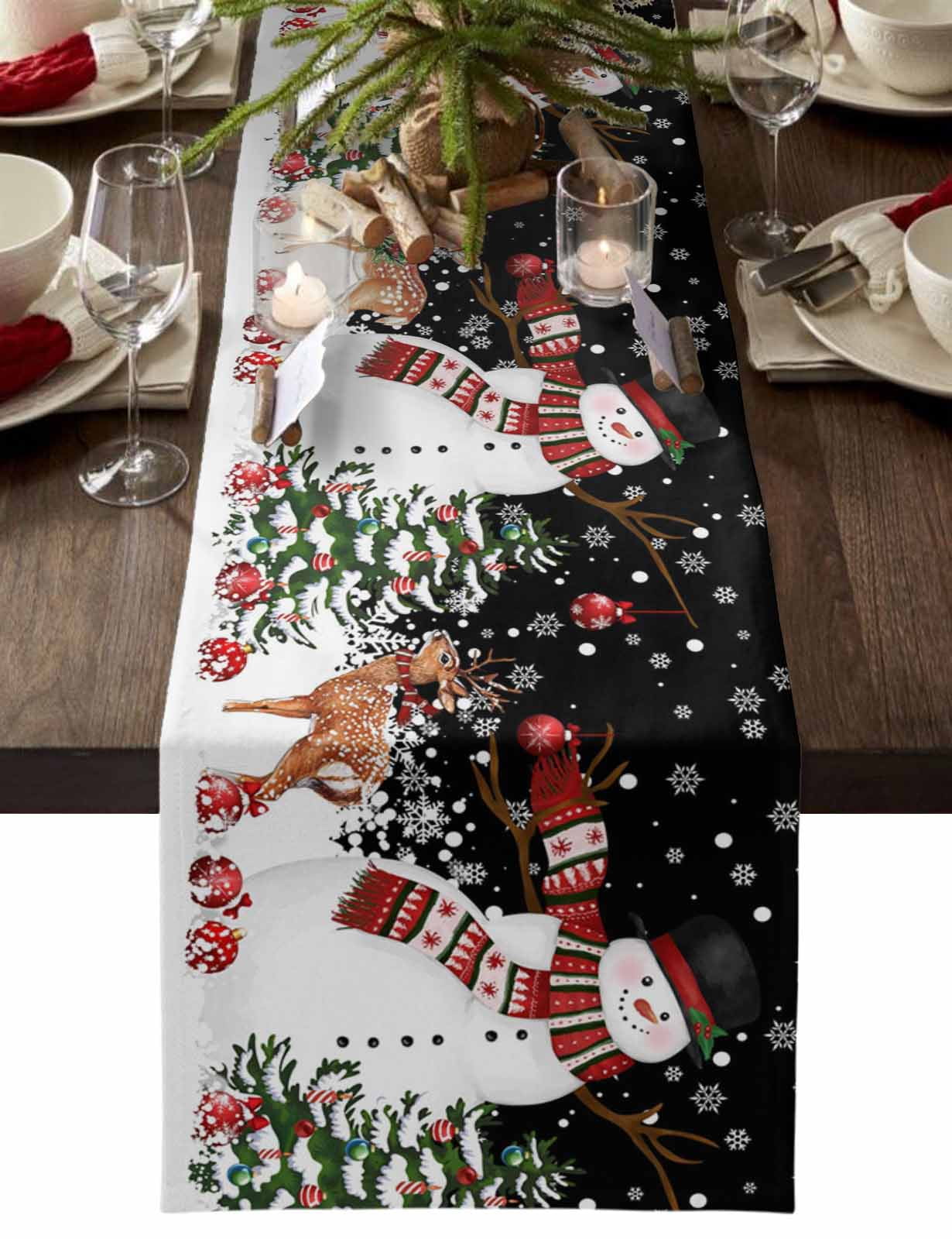 Black Christmas Cotton Linen Table Runner for Dining Kitchen, Snowflake ...