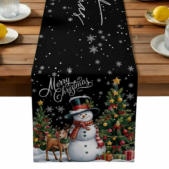 Black Christmas Cotton Linen Table Runner for Dining Kitchen, Snowman Xmas Tree Snowflake Gifts ...