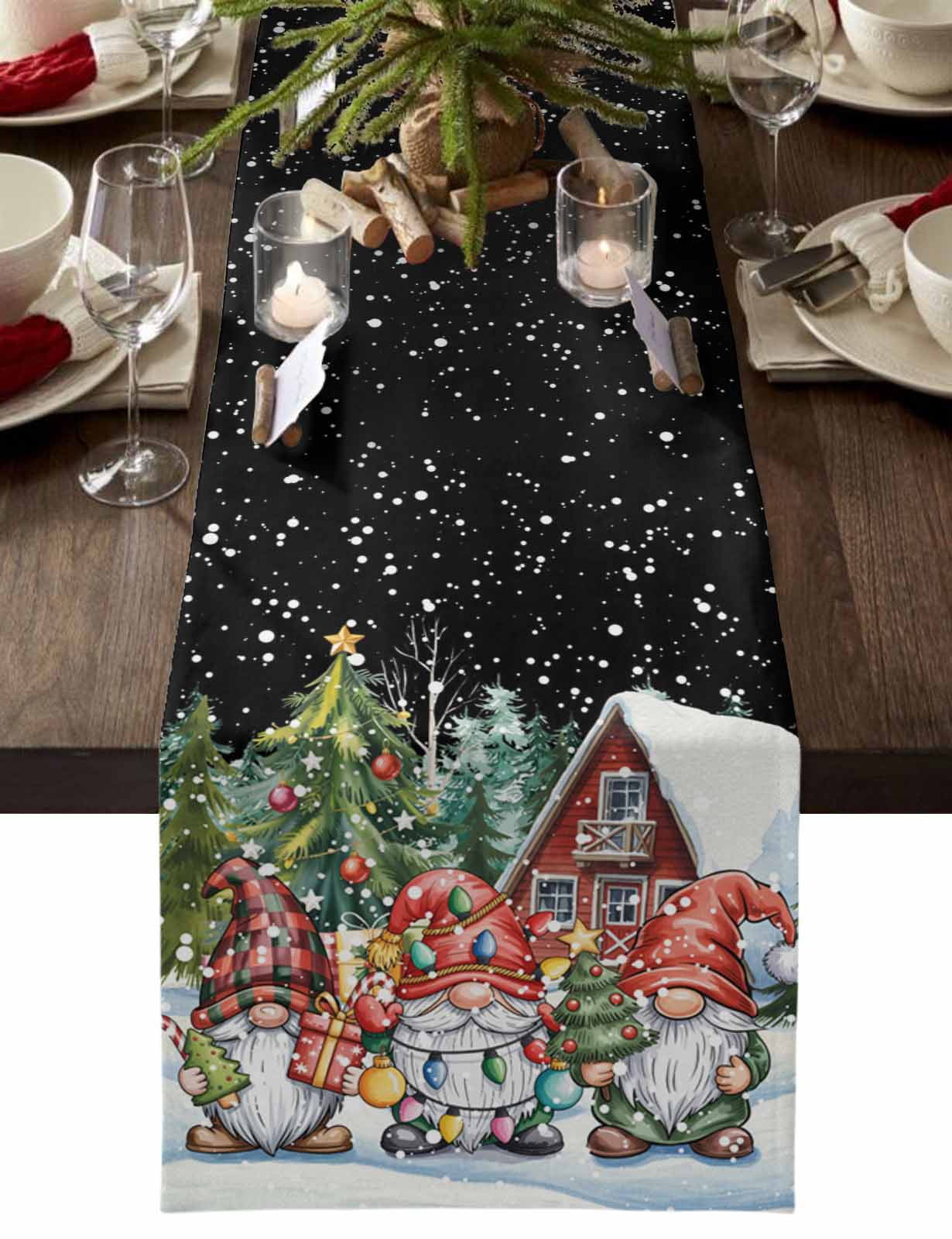 Black Christmas Gnomes Cotton Linen Table Runner for Dining Kitchen ...