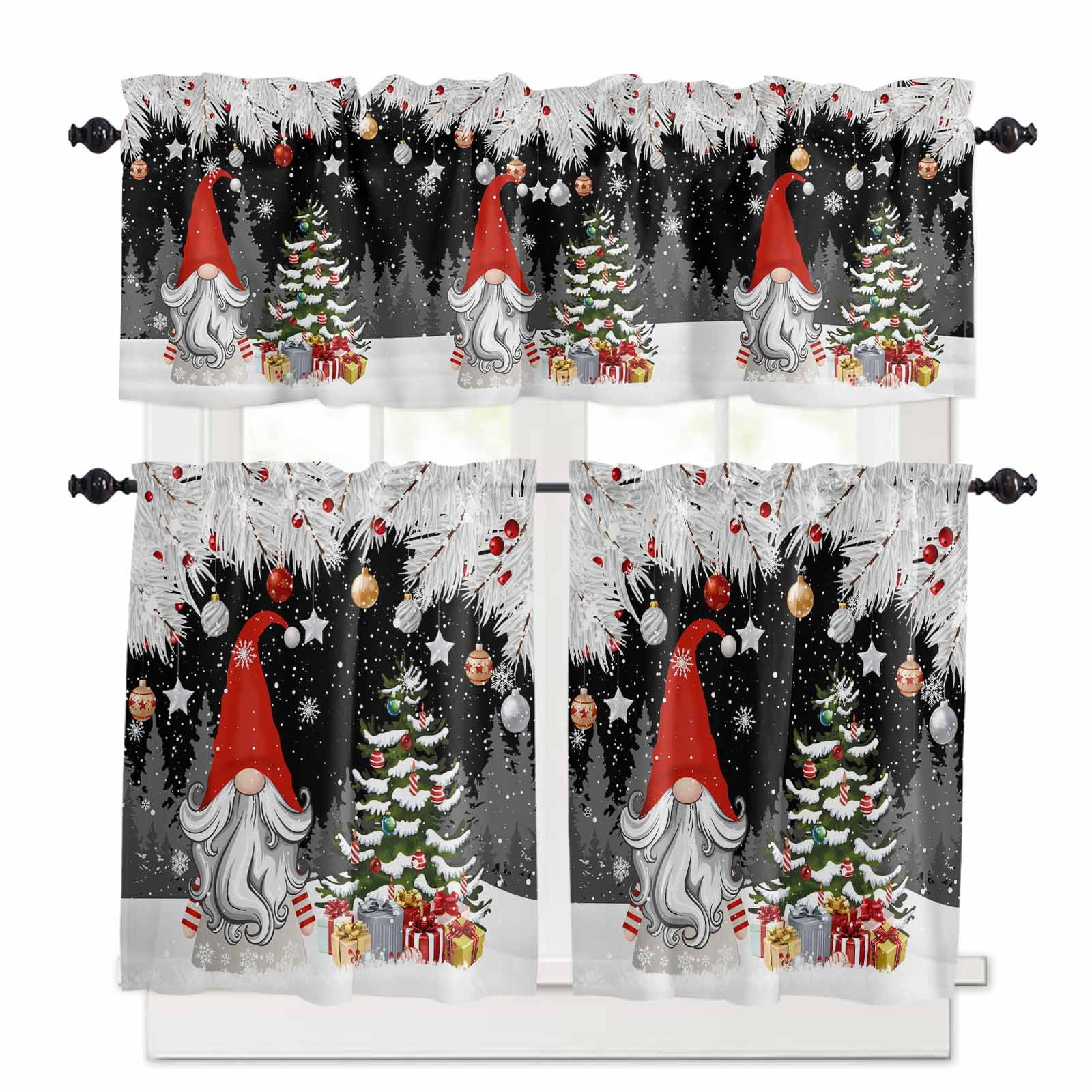 Black Christmas Kitchen Curtains and Valances Set, Dwarf Present Xmas ...