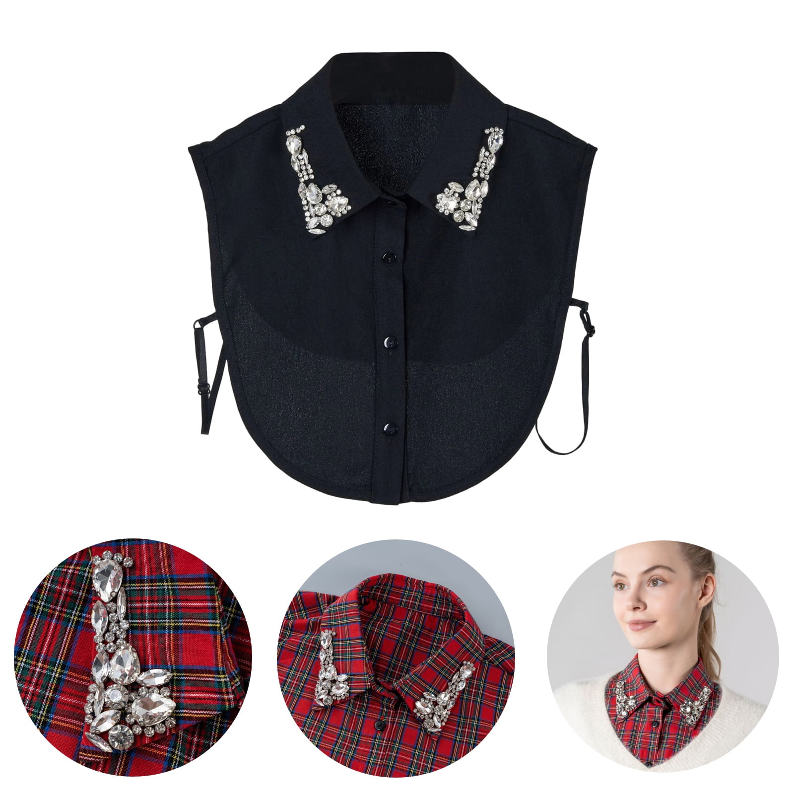 Black Christmas Plaid Rhinestone Detachable Collar Women's Elegant Mock ...