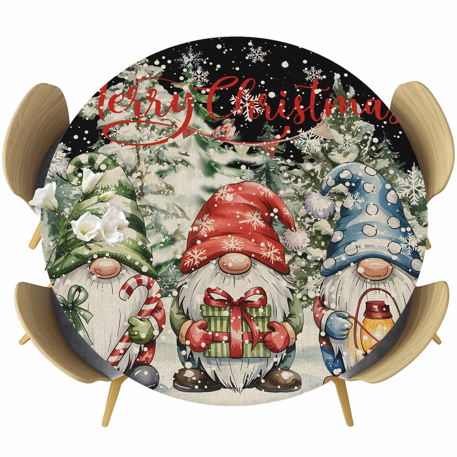 Black Christmas Round Tablecloth, Fitted Table Cover with Elastic for ...
