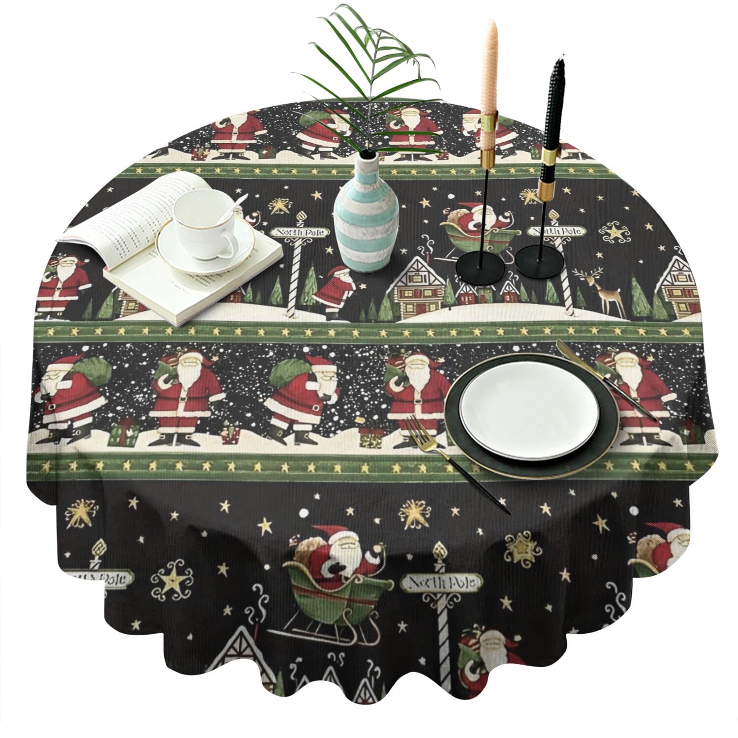 Black Christmas Santa Pattern Round Tablecloth 60"x60",Wrinkle Wipeable ...