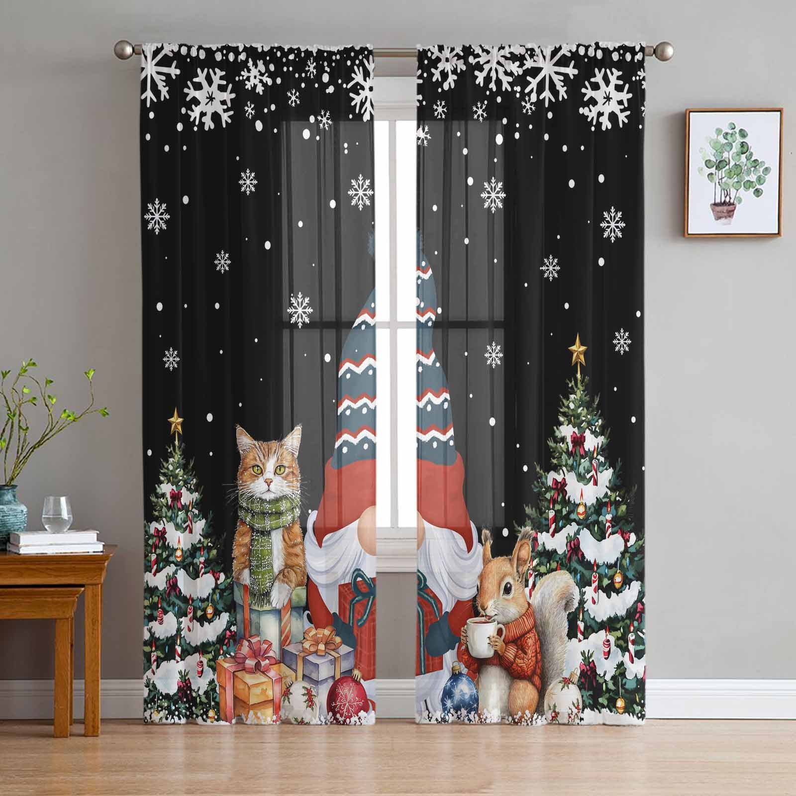 Black Christmas Sheer Curtains 108 Inches Long, Winter Gnomes Cat Pine ...