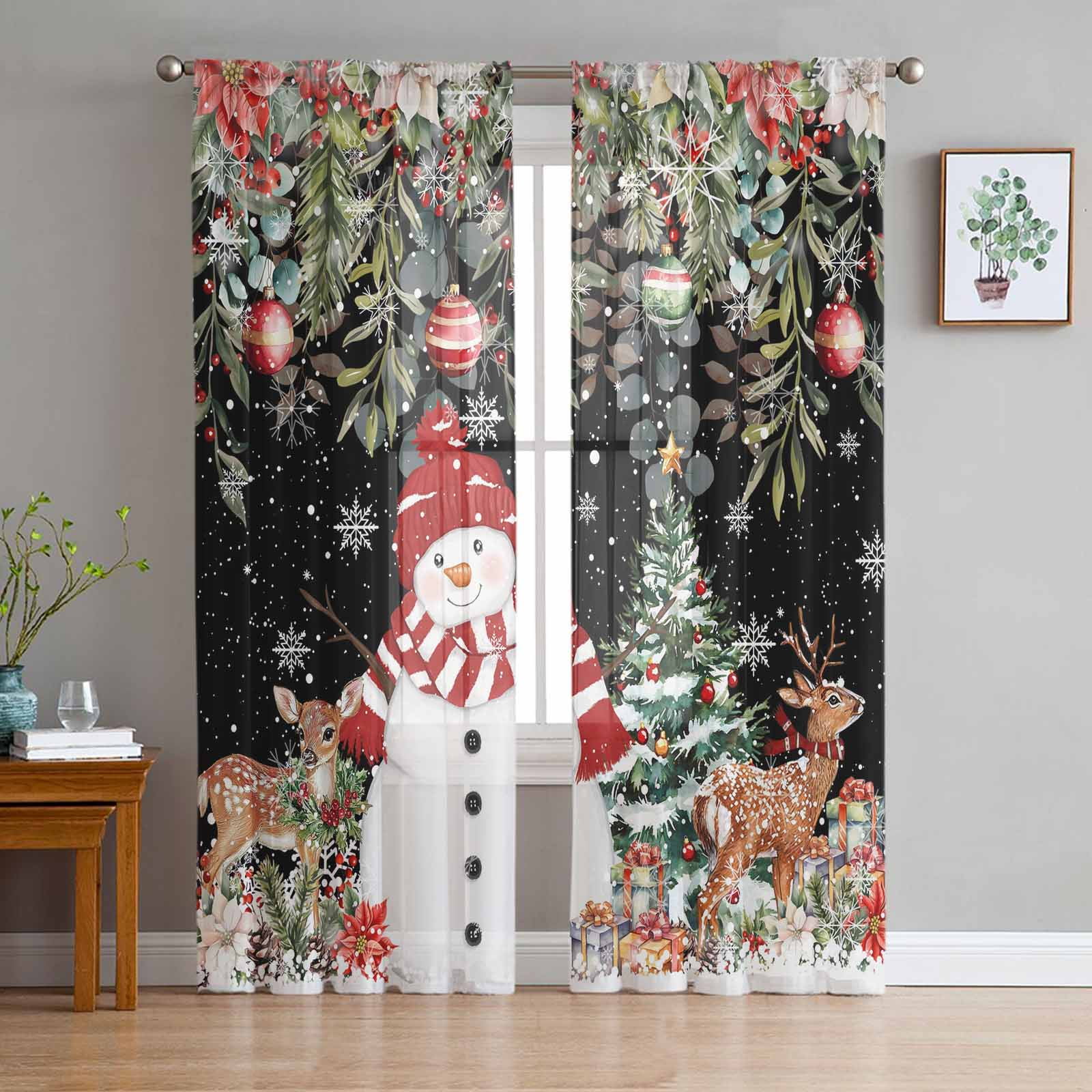 Black Christmas Sheer Curtains 63 Inches Long, Snowman Xmas Tree ...