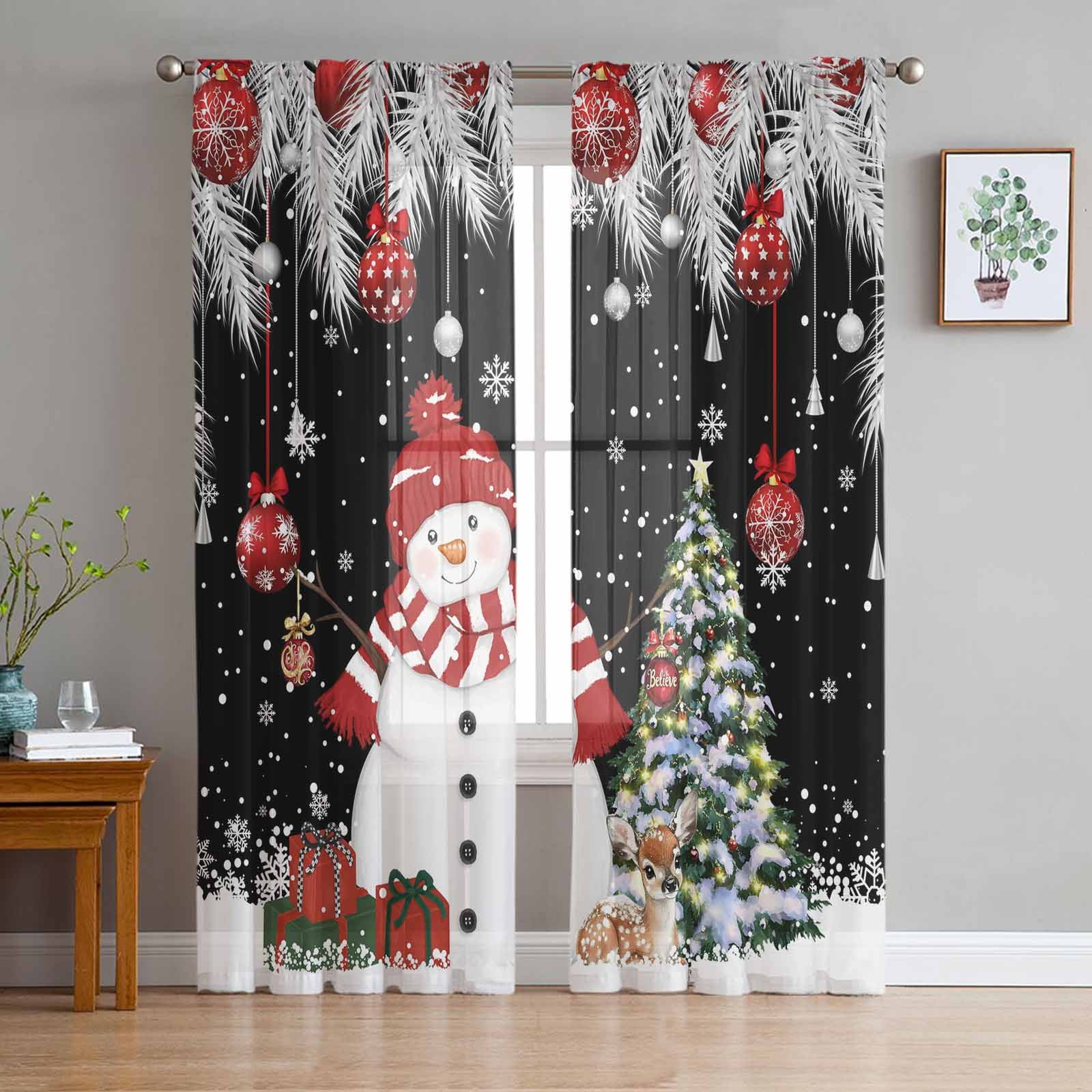 Black Christmas Sheer Curtains 84 Inches Long, Snowman Xmas Balls Pine ...