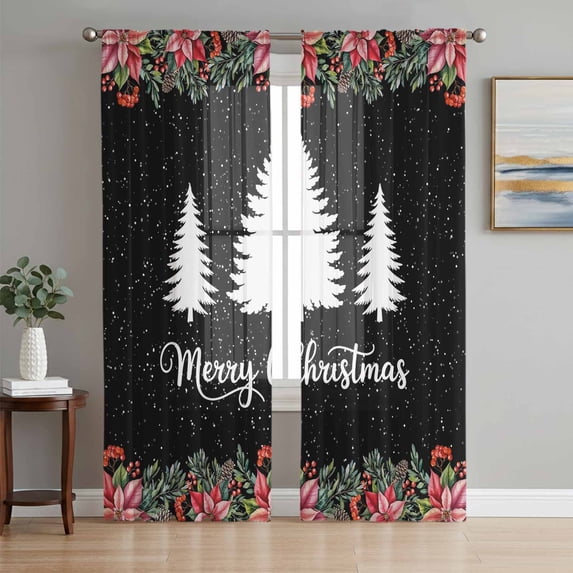 Black Christmas Sheer Curtains 96 Inch Length 2 Panels Set, Xmas Tree ...