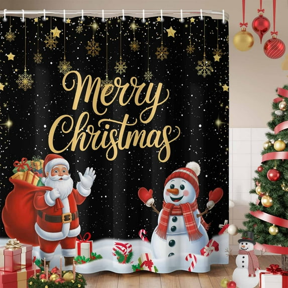 Black Christmas Shower Curtain, Santa Snowman Xmas Gifts Snowflake ...