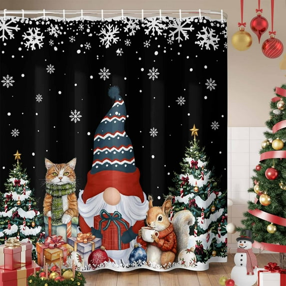 Black Christmas Shower Curtain, Winter Gnomes Cat Pine Trees Snowflakes ...