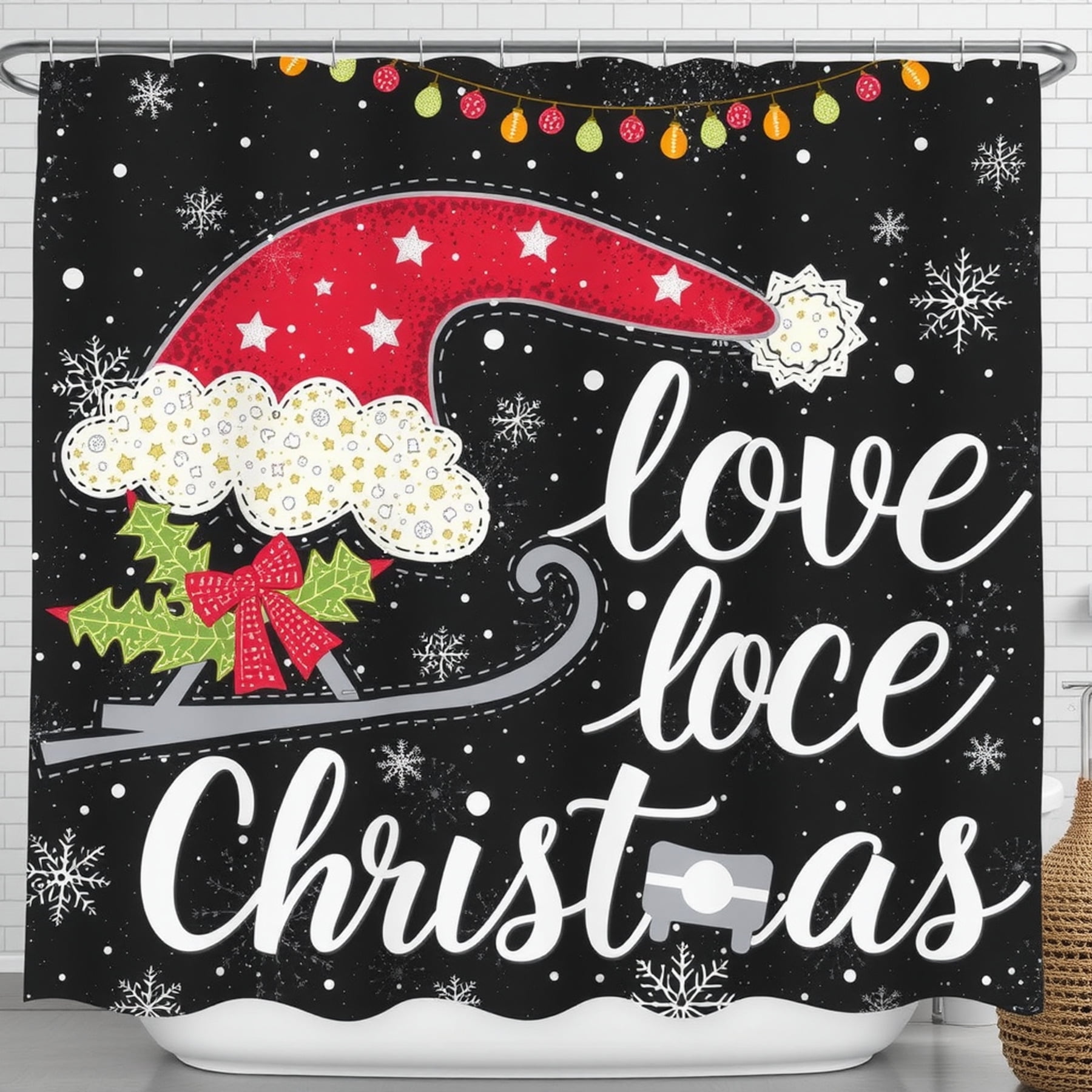 Black Christmas Shower Curtain with Cursive 'Love Loce Christmas' Santa ...