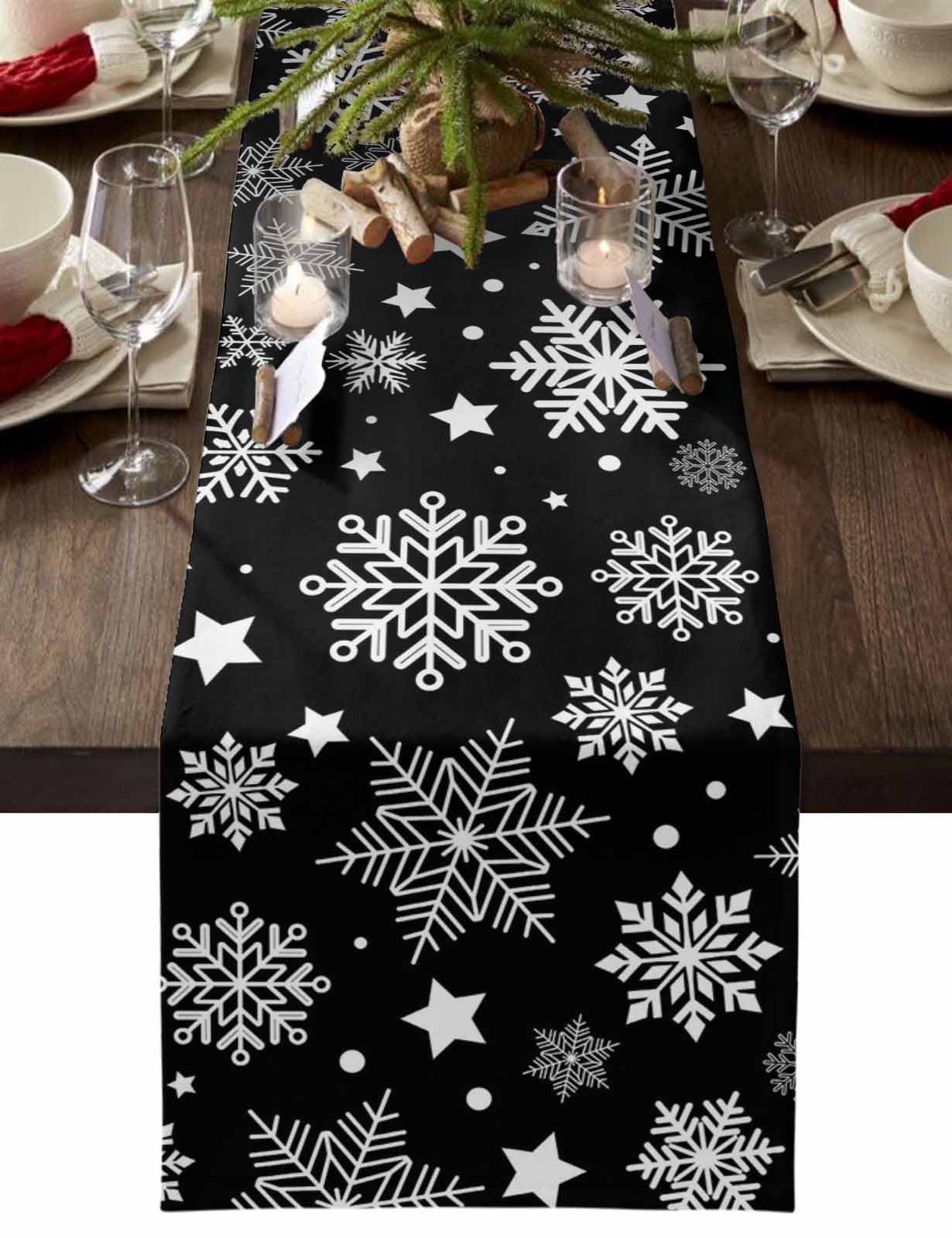 Black Christmas Snowflakes Cotton Linen Table Runner for Dining Kitchen ...